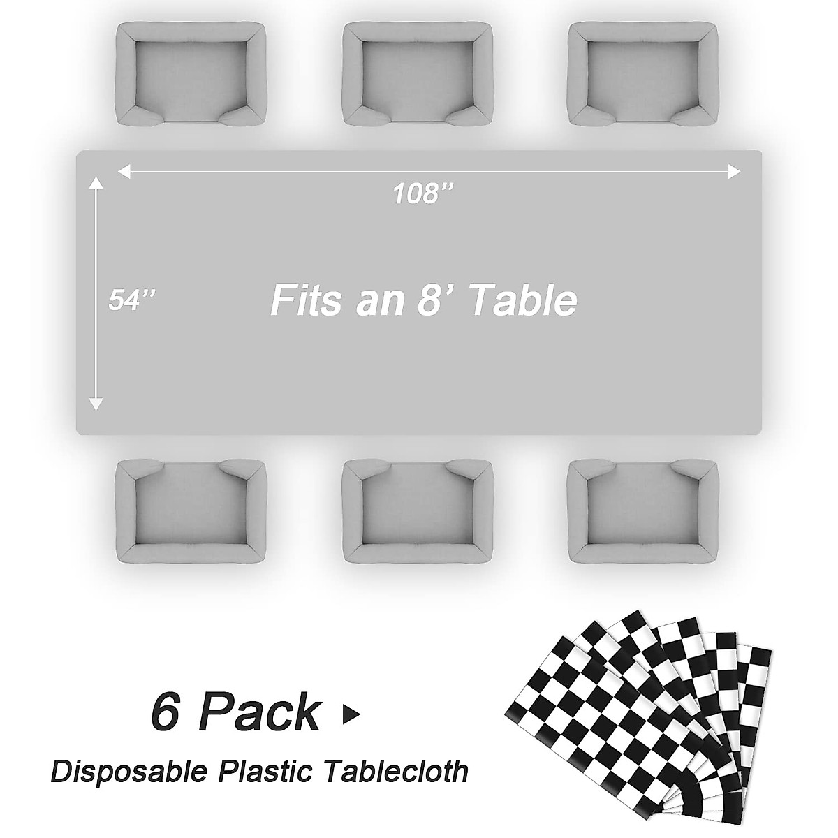 QIKSION 6 Pack Black and White Checkered Tablecloth Black Checkered Flag Tablecloth, Disposable Plastic Gingham Table Cover for Parties, Outdoor Picnic, Race Car Birthday Party(54 × 108 Inch)