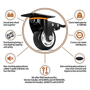 3 Inch Caster Wheels, Heavy Duty 3” Casters Set of 4 with Brake, TONSUM No Noise Polyurethane (PU) Wheels and Safety Dual Locking casters, Swivel Plate Castors (Two Hardware Kits)
