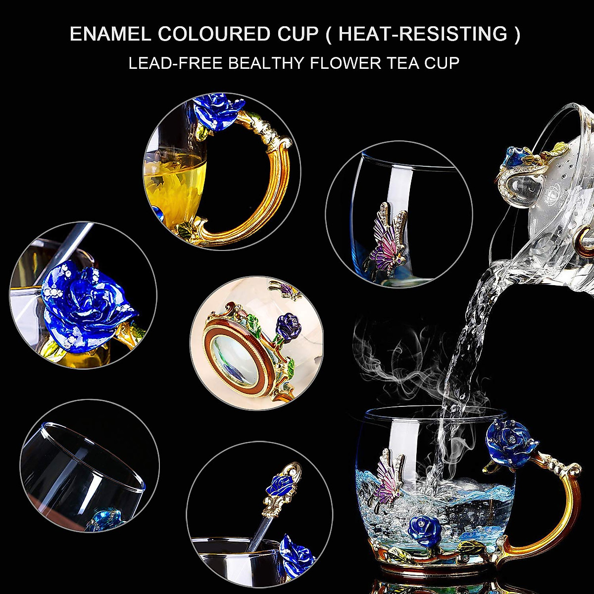 Flower Glass Tea Cups with Spoon Glass Coffee Mugs Enamel Handmade Unique Butterfly Rose for Women Valentine's Day Birthday Christmas New Year Decoration Wedding Gift (Rose-Blue-Short)