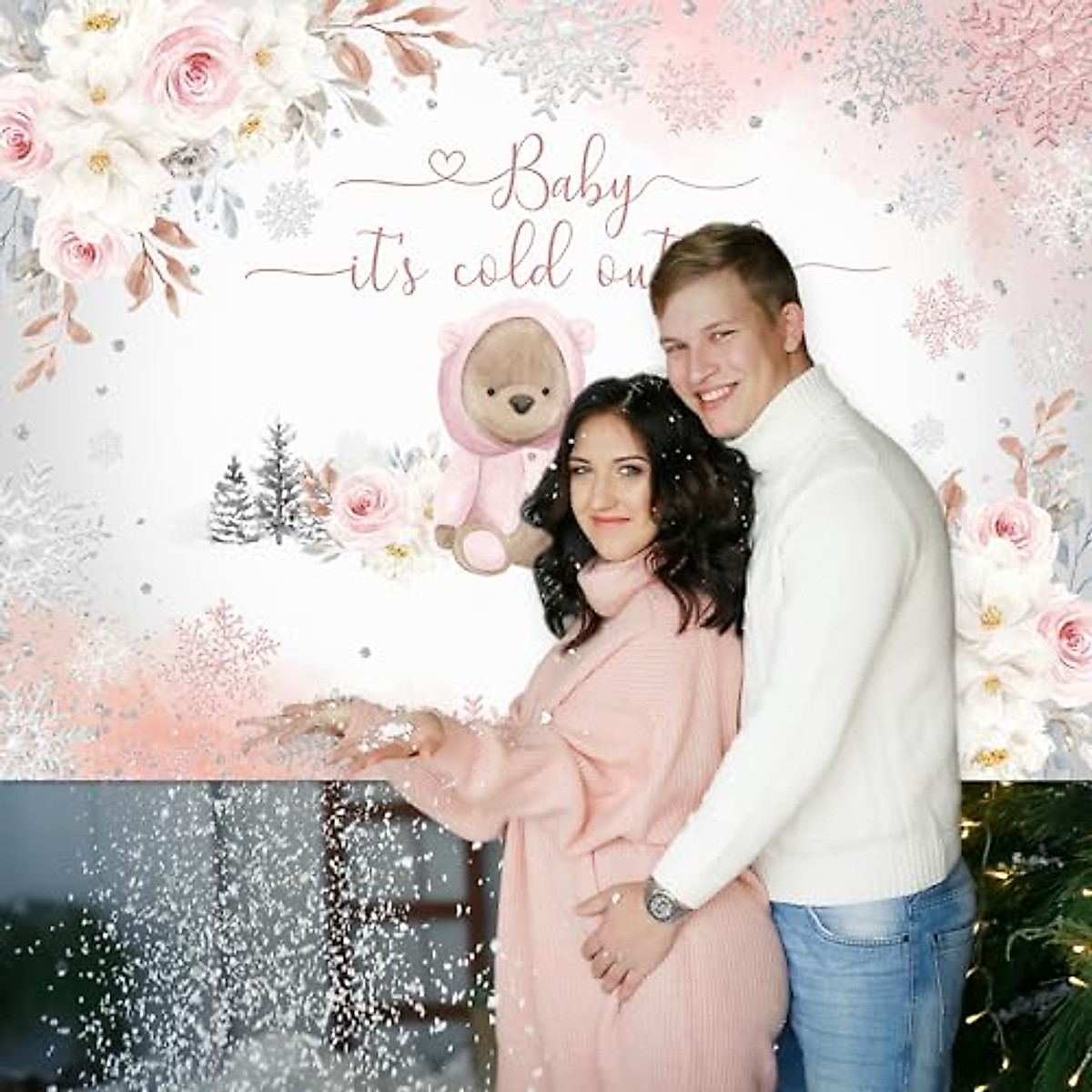 Avezano Winter Bear Baby Shower Backdrop for Girls Baby It's Cold Outside Party Decorations Photography Background We can Bearly Wait Pink Snowflakes Baby Shower Photoshoot (7x5ft)