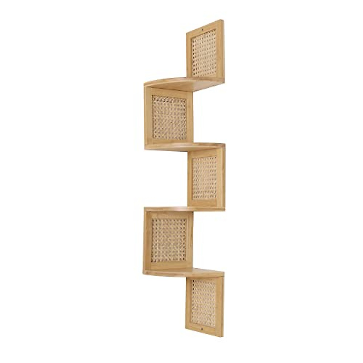 ND RongFeng Bamboo Corner Shelf 4-Tier Shelf with Bamboo Body Mixed with Natural Rattan Mesh for Wall Storage, Suitable for Bedroom and Living Room (Light Brown)