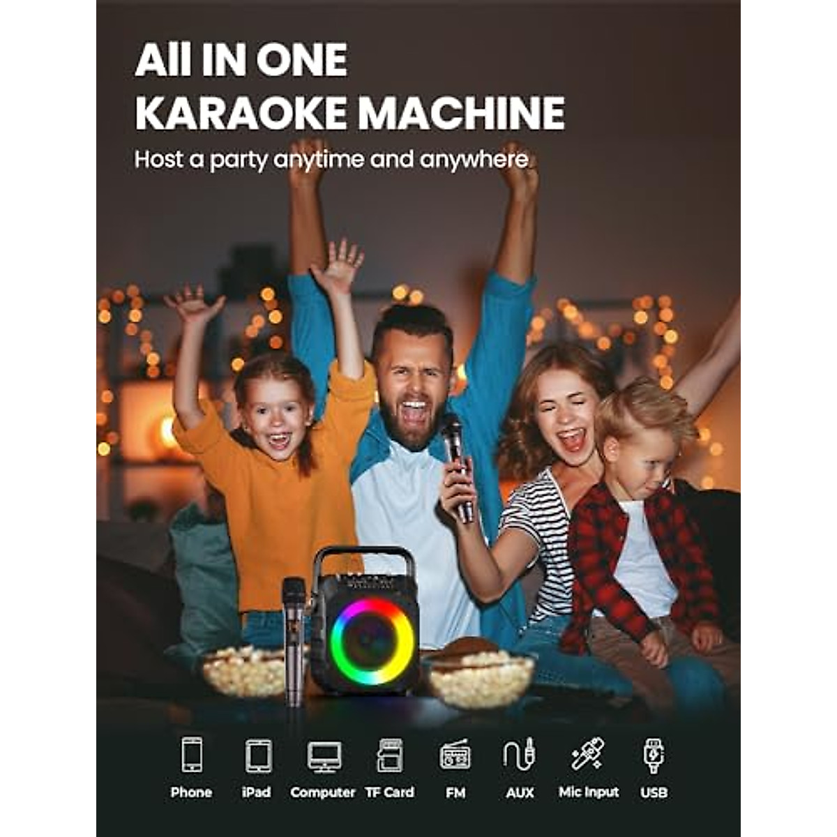 Karaoke Machine with Two Wireless Microphones, Portable Karaoke Machine for Adults & Kids, Portable Bluetooth Speaker with PA System, LED Lights, Supports TF Card/USB, AUX in, FM, USB,TWS (Black)…