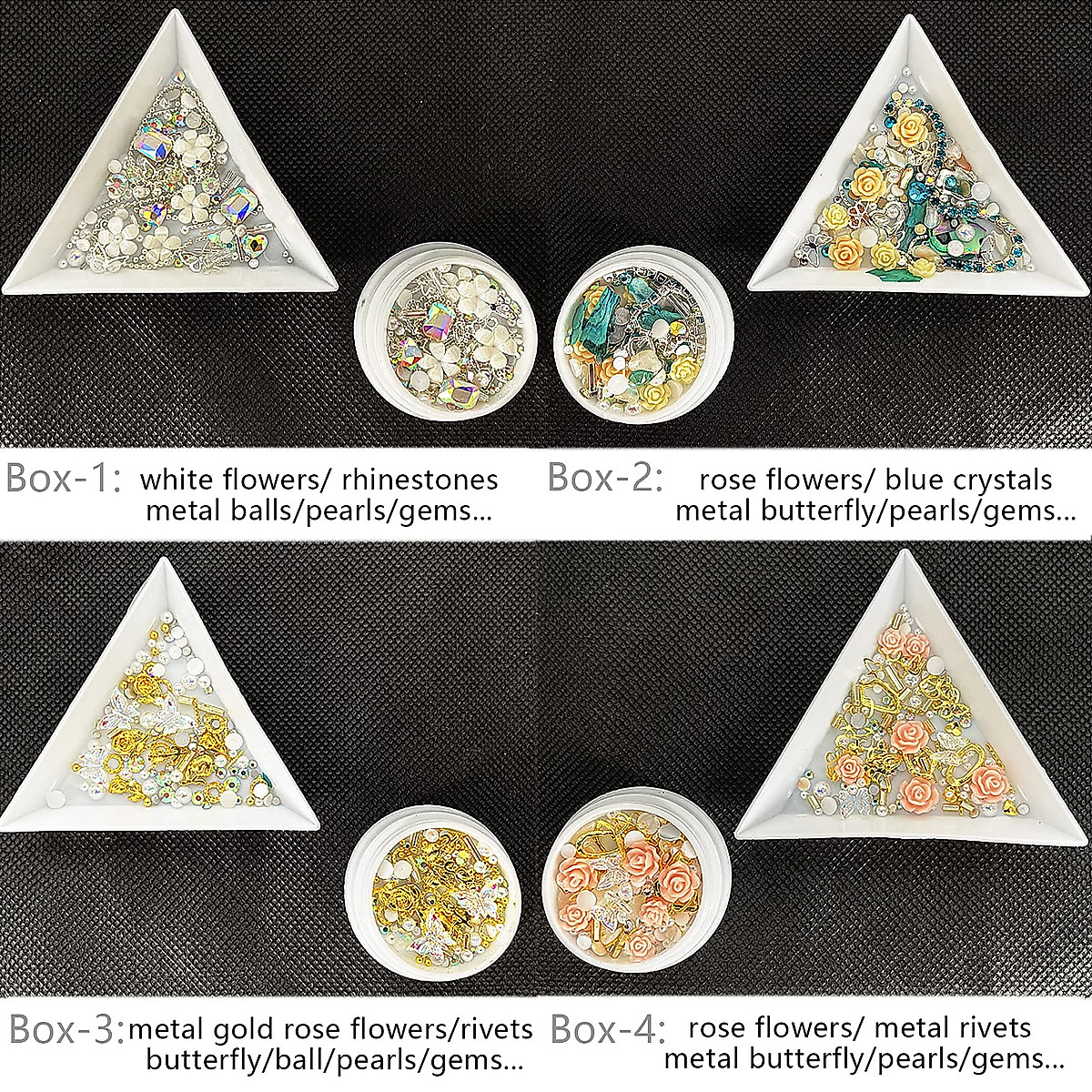 4 Boxes 3D Rose Flower Butterfly Nail Charms Acrylic Resin 3D Crystal Rhinestones Gems Charms Nail Art Stud Pearl Gold Metal Rivets for Nail Art Designs Accessories Supplies DIY Crafting