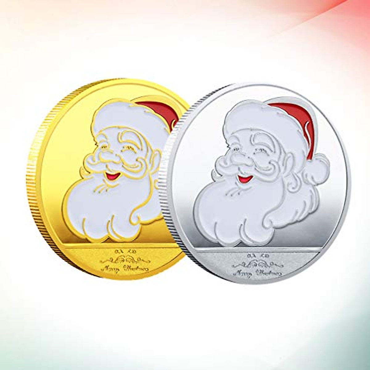 Amosfun 2pcs Christmas Challenge Coins Silver Santa Claus Coins Commemorative Coins Collection Arts Christmas Party Favors Gifts (Silver + Golden)