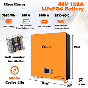 Cloudenergy 48V 150Ah Wall Mounted Lithium LiFePO4 Deep Cycle Rechargeable Battery |6000+ Life Cycles & 10-Year Lifetime | Built-in BMS & LED Monitor | RV, Solar, Marine, Overland, Off-Grid…