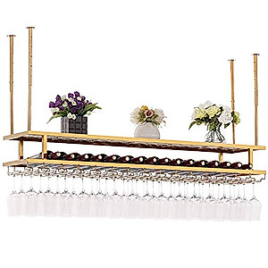 Double Layer Wine Rack Bar Wine Glass Rack Suspension Ceiling Wine Rack Restaurant Wine Bottle Rack J1019, PIBM, Gold, L120×W30cm