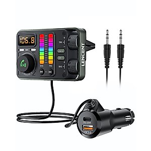LENCENT Bluetooth 5.3 Car FM Transmitter, Hi-Fi Treble & Bass Music Player, PD20W QC18W Fast Car Charger, Radio Bluetooth Car Adapter with Dual Mics for Hands-Free Call, Siri&Google, U Disk/3.5mm AUX