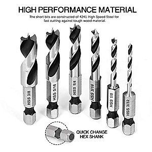 COMOWARE Brad Point Stubby Drill Bit Set for Wood, 6pcs HSS 4241 Steel with 1/4-Inch Quick Change Hex Shank