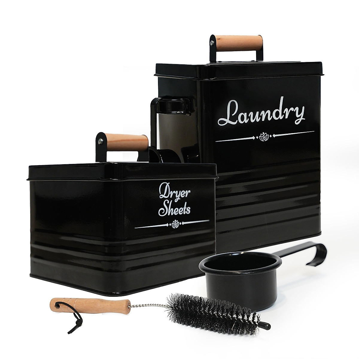 Farmhouse Metal Detergent Laundry Pods Container with Dryer Pod Sheet Holder for Laundry Room Organization and Storage with Scoop, Laundry Room Decor, Holds over 200 Laundry Pods and 300 Dryer Sheets