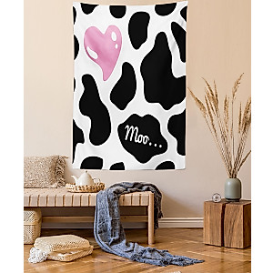 Ambesonne Cow Print Tapestry Twin Size, Camouflage Hide Skin Pattern in Pastel Color Shades Heart Shape Moo, Wall Hanging Bedspread Bed Cover Wall Decor, Twin Size, Pink Black White