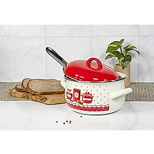Red Co. Medium Enameled Cookware 8" Belly Deep Metal Induction Stockpot with Lid, Vintage Red Margarine Design Print, 3 Quart