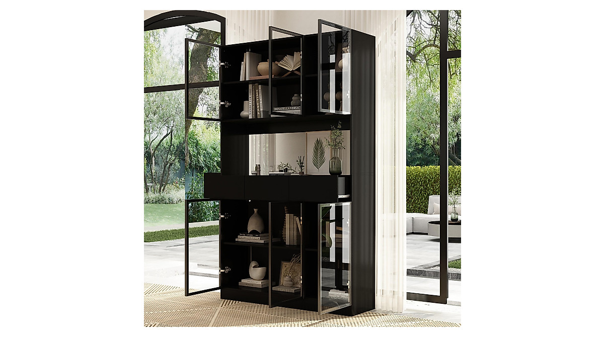 Hitow Glass Door Cabinet with Lights & Storage Shelves | Modern Organizer