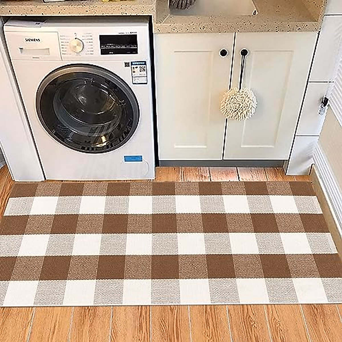 Buffalo Plaid Outdoor Rug Doormat Farmhouse Checkered Front Porch Rug Machine Washable Woven Cotton Layered Door Mats for Indoor Entryway Kitchen Bedroom (24"x51", Coffee and White)