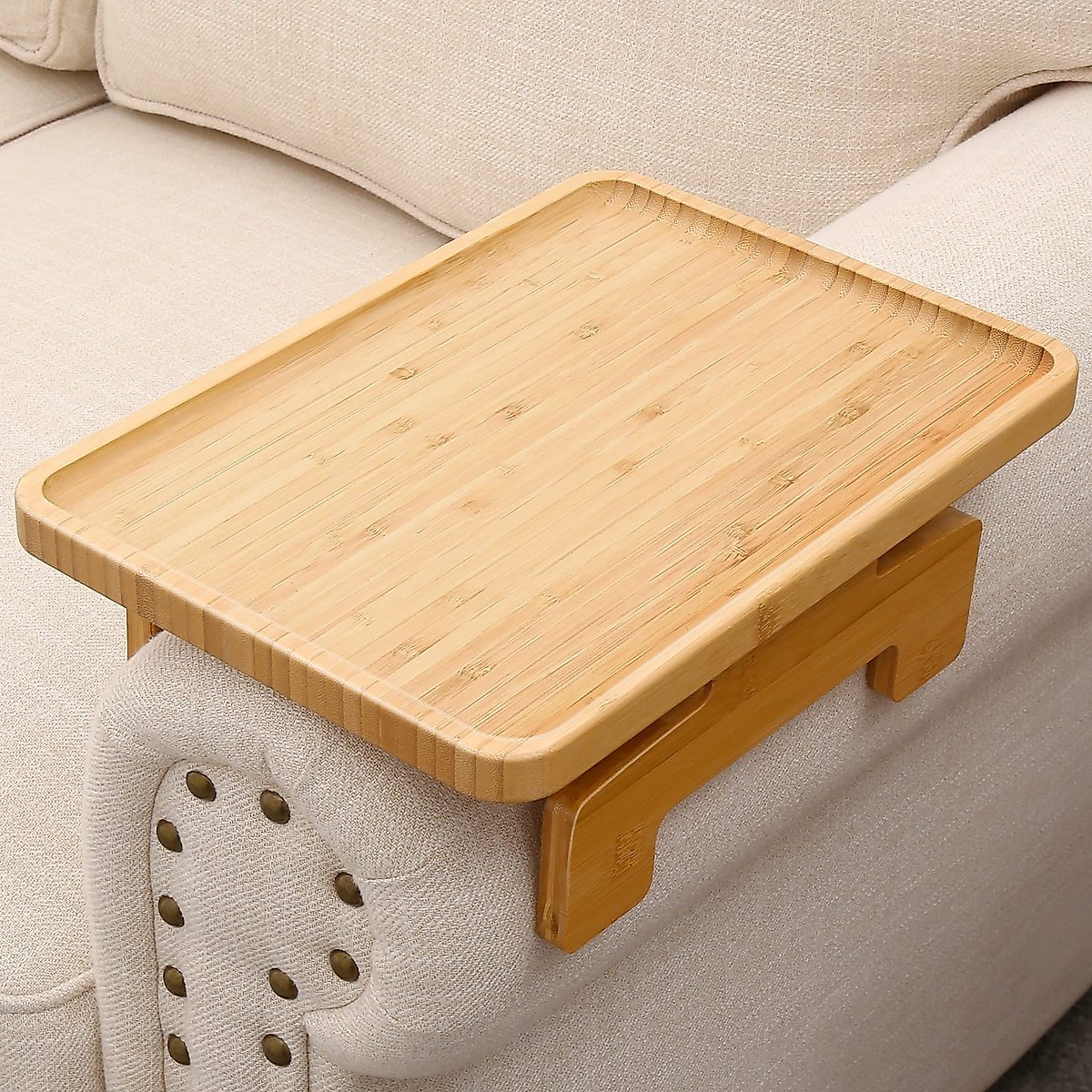 Couch Arm Table Tray, Bamboo Sofa Arm Clip on Tray Tables, Arm Rest Table for Home, Couch Arm Tray for Small Spaces Drink Eating Dinner Table