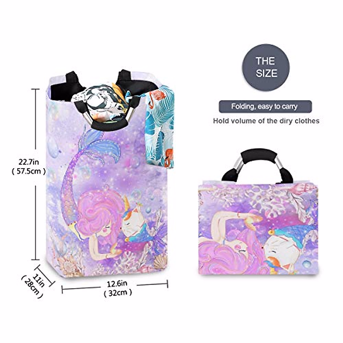Ollabaky Large Foldable Laundry Hamper Bag with Handles, Mermaid Girl Cute Unicorn Laundry Basket Box Big Storage Organizer for Family, Dormitory, Washhouse