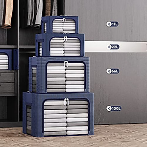 2 Pack Foldable Storage Box Oxford Fabric Clothes Container Organizer with Handle and Large Clear Window Stackable Large Capacity Storage Bins Boxes for Toys , Bedding , Books (100L, Blue)