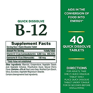 Nature's Bounty Vitamin B12, Quick Dissolve Vitamin Supplement, Supports Energy Metabolism and Nervous System Health, 5000mcg, 40 Tablets