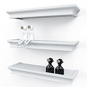 RICHER HOUSE White Floating Shelves for Wall Decor, 16 Inches Wall Shelves Set of 3, Picture Ledge Wall Mounted, Crown Molding Display Shelves with Invisible Brackets in Bathroom, Bedroom, Living Room