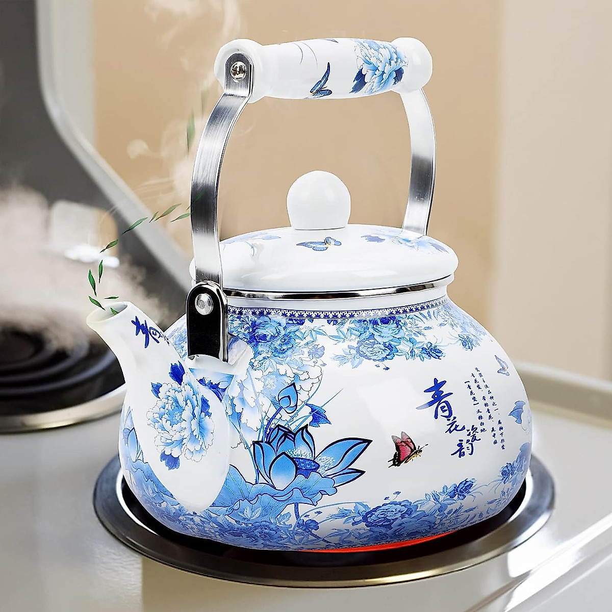 Enameled Teakettle, stove top kettle,Retro Decor Enameled Teakettle,Colorful Hot Water Tea Kettle,Ceramic Teapot Ceramic Enamel Teapot Tea Kettle Blue and White Porcelain Large Enameled Teakettle for
