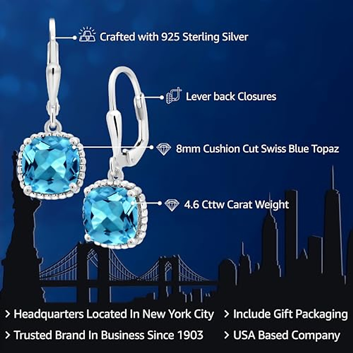 Gem Stone King 925 Sterling Silver 8MM Cushion Gemstone Birthstone Leverback Drop Dangle Earrings for Women