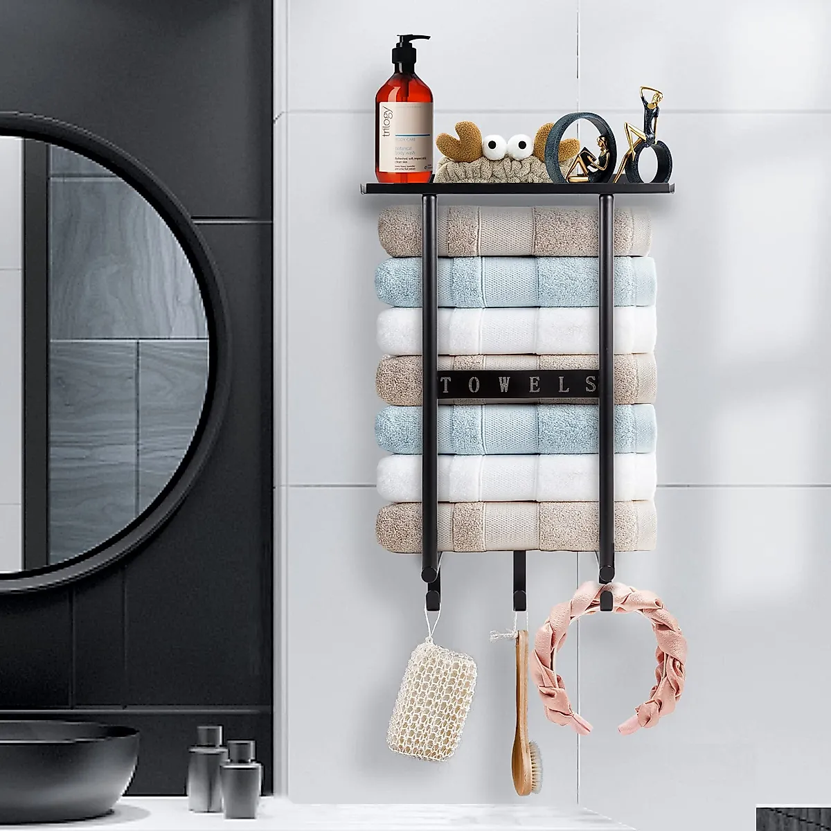 Towel Racks for Bathroom Wall Mounted, Wall Towel Rack for Rolled Towels, Bathroom Wall Organizers and Towel Storage, With Metal Shelf and 3 Hooks for Small Bathroom, Camper, RV Storage, Black