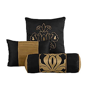 Chezmoi Collection 7-Piece Jacquard Floral Comforter Set/Bed-in-a-Bag Set, King, Black Gold