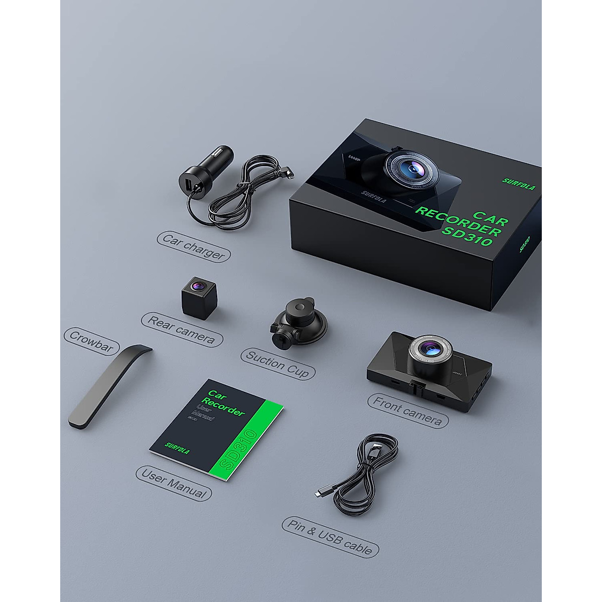 Mini Dash Cam - Front and Rear 2K Surfola Dual Car Camera 2560x1440P, 3" inch IPS Screen, 170° Wide Angle, Parking Mode, WDR, Accident Record