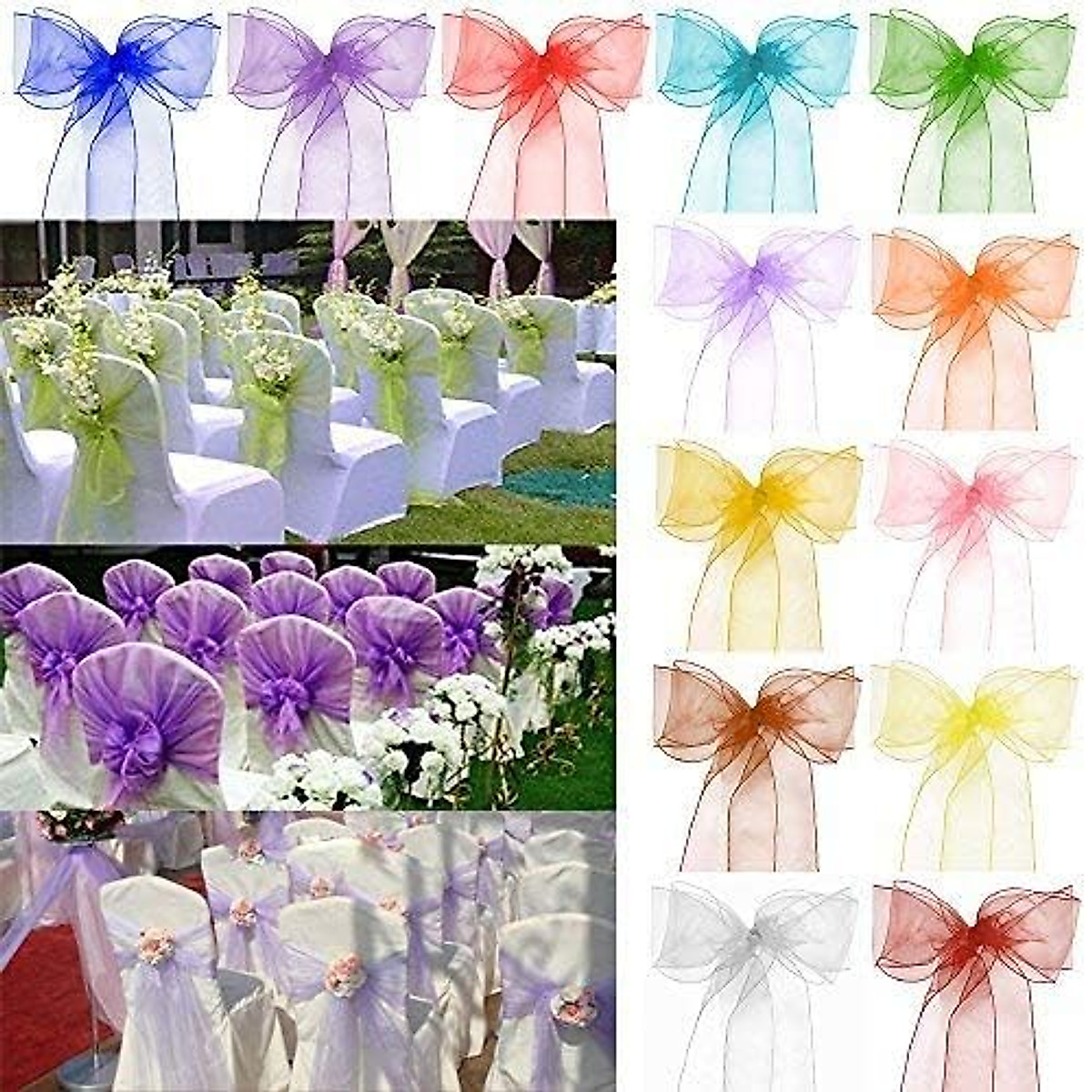 Lucky 10/20/50/100 Pack Organza Banquet Chair Sash Sashes Bows Ties for Weddings Party Decoration White Pink Purple Gold Red(20 Pack, White)