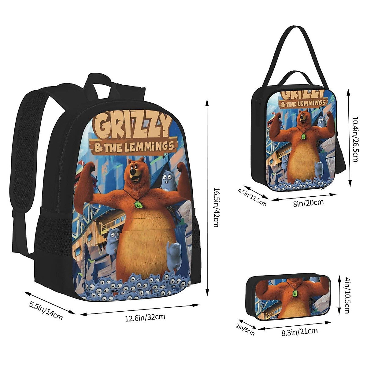 ORPJXIO Backpack 3 Piece Set Grizzy and Anime The Lemmings Laptop Backpack Pencil Case Lunch Bag Combination For Travel Work Camping