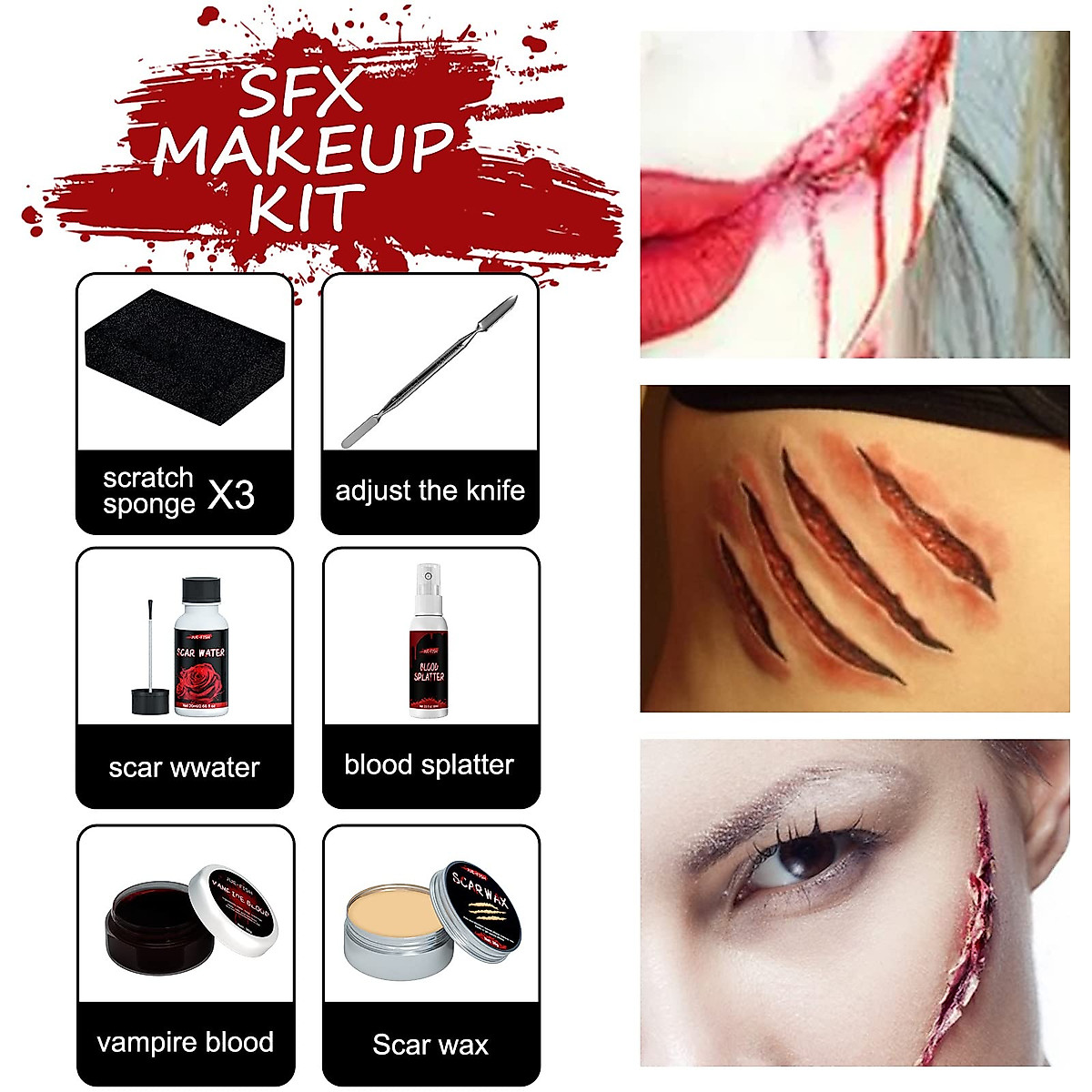 Halloween SFX Makeup Kit Scars Wax, 2.1Oz Fake Blood Spray, 1.67Oz Fake Wound Modeling Skin Wax with Spatula, Black Stipple Sponge, 1.06Oz Scab Coagulated Blood Gel, 5ml Fake Blood Cream
