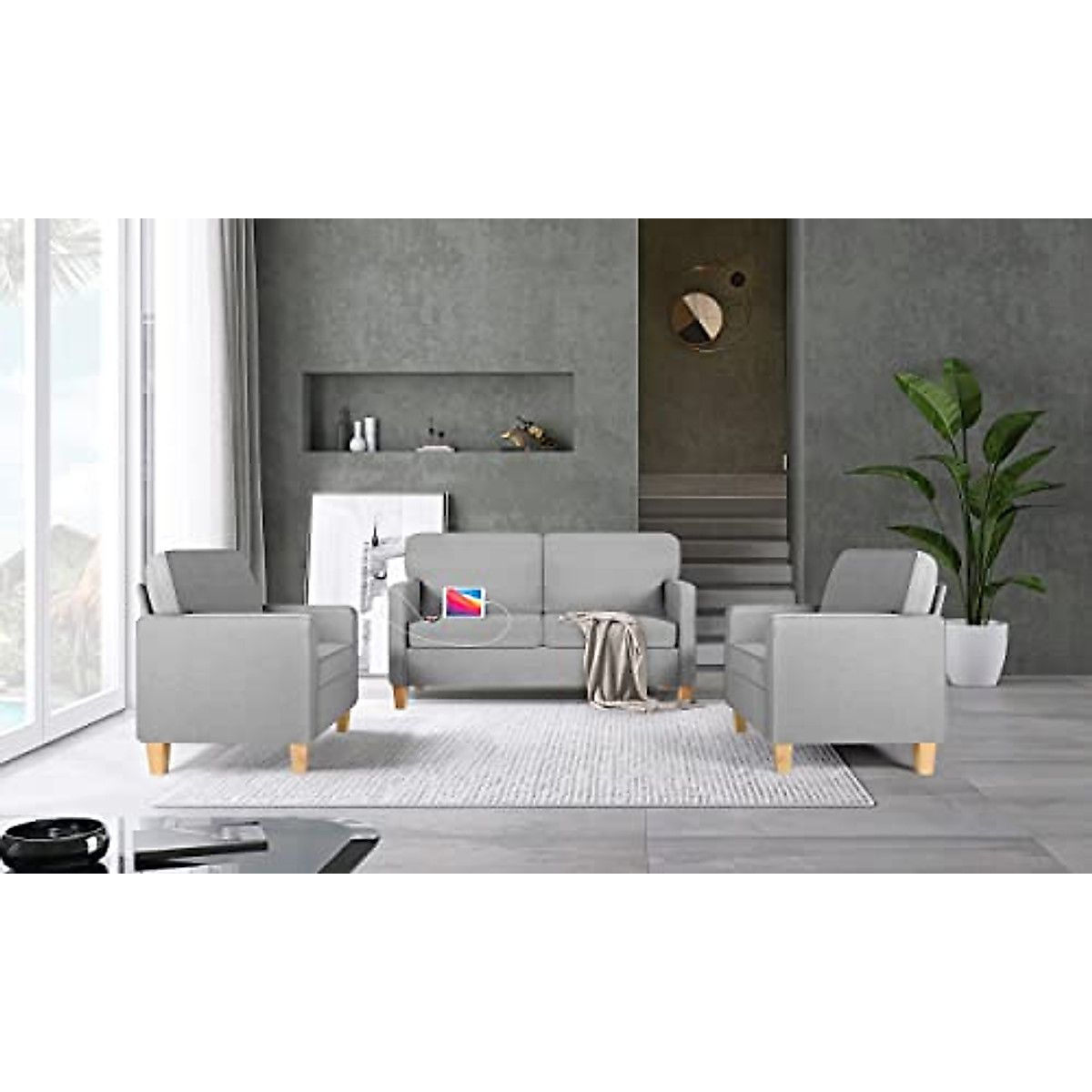 AODAILIHB 3 Piece Sofa Set Living Room Furniture Sets with 2 USB Charging Ports, Upholstered Sectional Couch Sets, Loveseat & 2 Accent Chairs, Grey Couches Apartment Office Small Space (3, Light Grey)