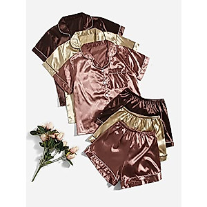 SOLY HUX Women's 3 Set Satin Pajama Set Short Sleeve V Neck Collar Button Down Shirt Top with Shorts Sleepwear Brown Yellow Multi S