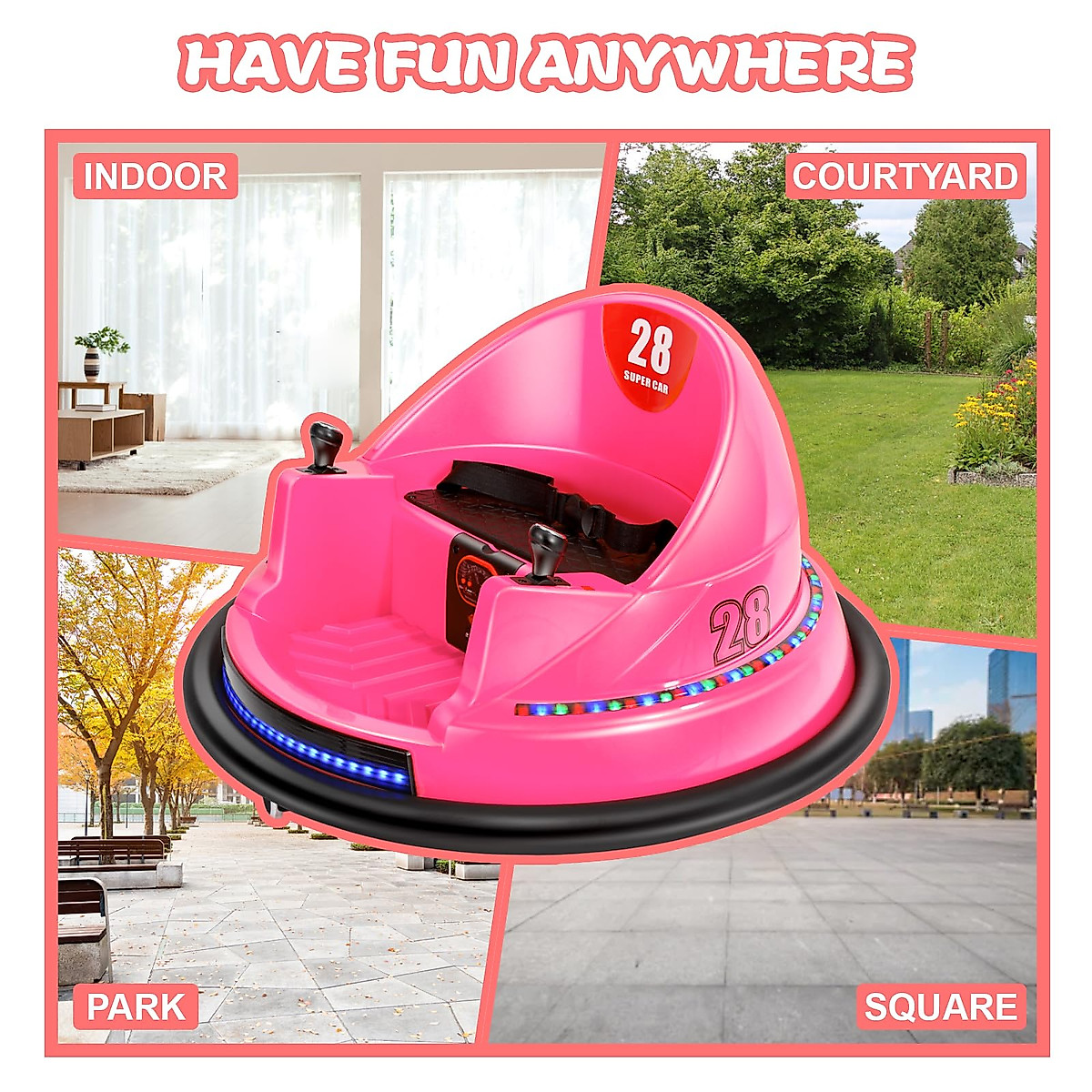 Electric Ride On Bumper Car Kids 12V 3-Speeds for Toddlers, 1.5-8 Years Old Baby Bumping Toy Cars, DIY Sticker Baby Toy Gifts, Remote Control, Bluetooth, 360 Spin ASTM-Certified Pink