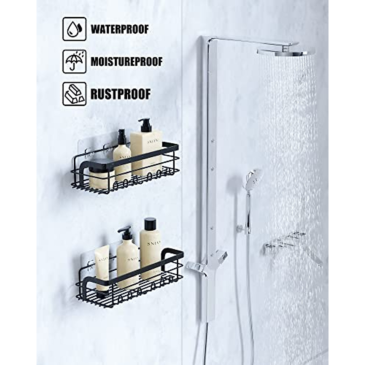 Black Shower Caddy, 4 Packs Self Adhesive Shower Shelves, Bathroom Shower Organizer with 8 hooks, No Drilling Rustproof Stainless Steel Shower Shelf for Inside Shower Wall