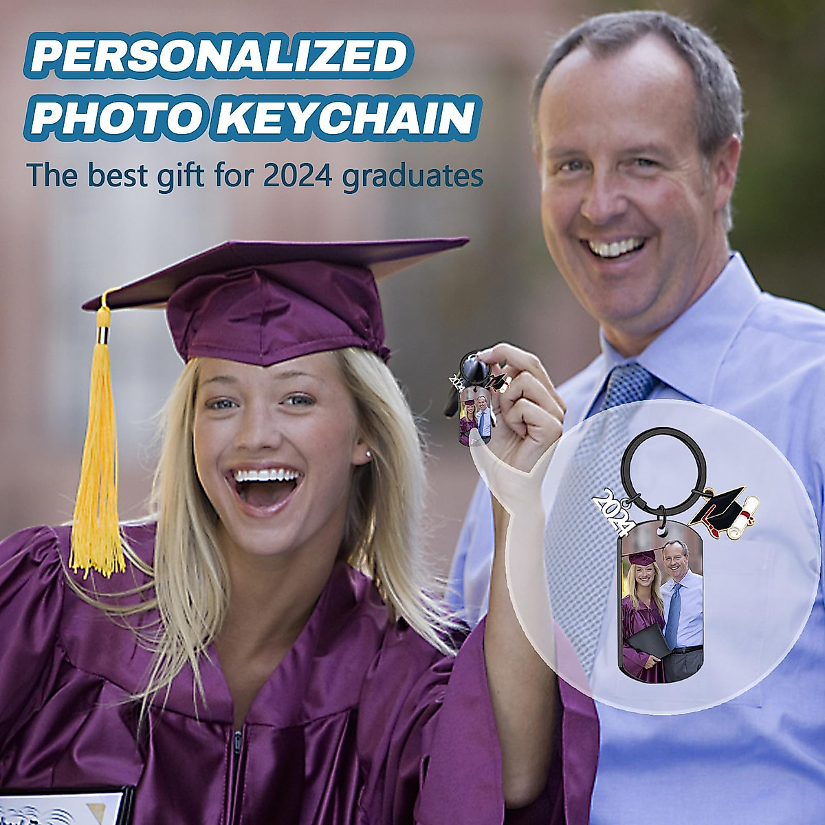 JONZIN 2024 Personalized Graduation Gifts-Class of 2024 Gifts for Him Women, Custom Keychain with Picture Engraving Text, Son Daughter Friends Highschool College Congratulations Grad Gift