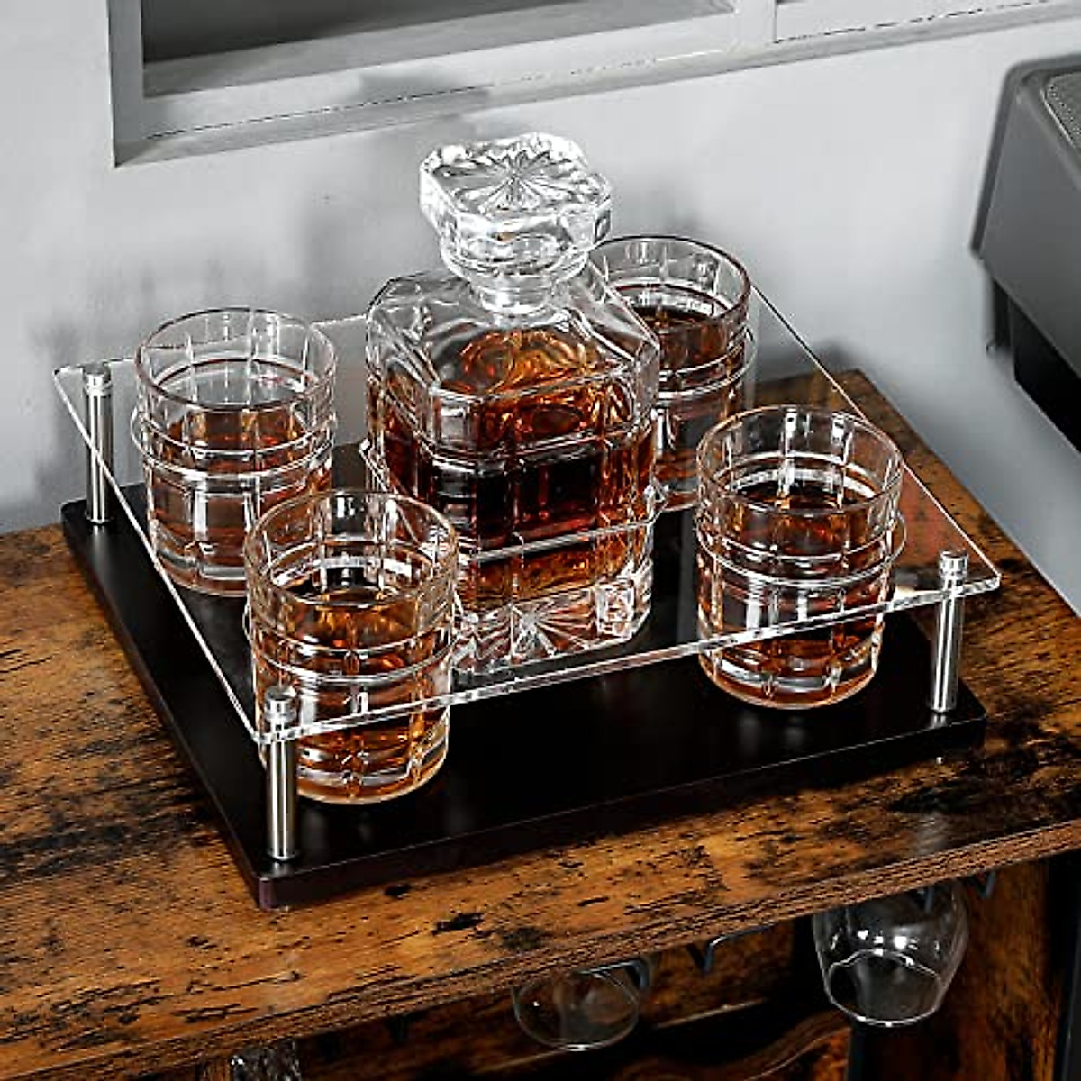 Whiskey Decanter Set With Glasses, Whiskey Glasses Set of 4 with Wooden Base,Crystal Wine Decanter for Men 750ML
