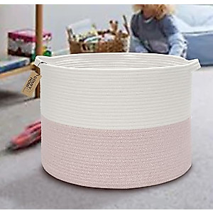 COMFY-HOMI New Extra Large Blanket Storage Basket 21''x21''x13.6''|Toy Organizers and Storage|Cotton Rope Woven Round Basket for Blanket|Baby Basket for Newborn-White/Pink