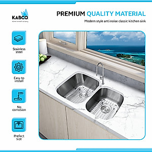 KABCO 32 Inch 18 Gauge Undermount Stainless Steel Classic Kitchen Sink, Rust Resistant, Sound and Heatproof, Double Unequal Bowl Swirl Finish Sink with Sink Strainers, Garbage Baskets and Sink Grids