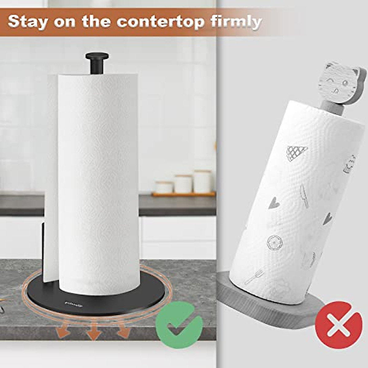 WACETOG Black Paper Towel Holder Countertop, Paper Towel Dispenser Standing Weighted Base Non Slip, Kitchen Towel Holder with Ratchet System for One Hand Tear