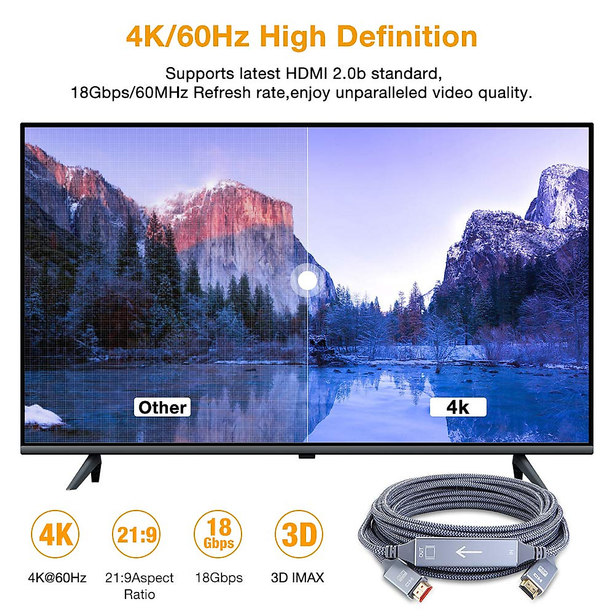 Capshi 4K HDMI Cable, HDMI Cord (35 feet HDMI to HDMI, Top Series) Supports 4K@60HZ, 1080p FullHD, UHD, Ultra HD, 3D, High Speed HDMI to HDMI Compatible UHD TV, Blu-ray, PS4/3, Monitor