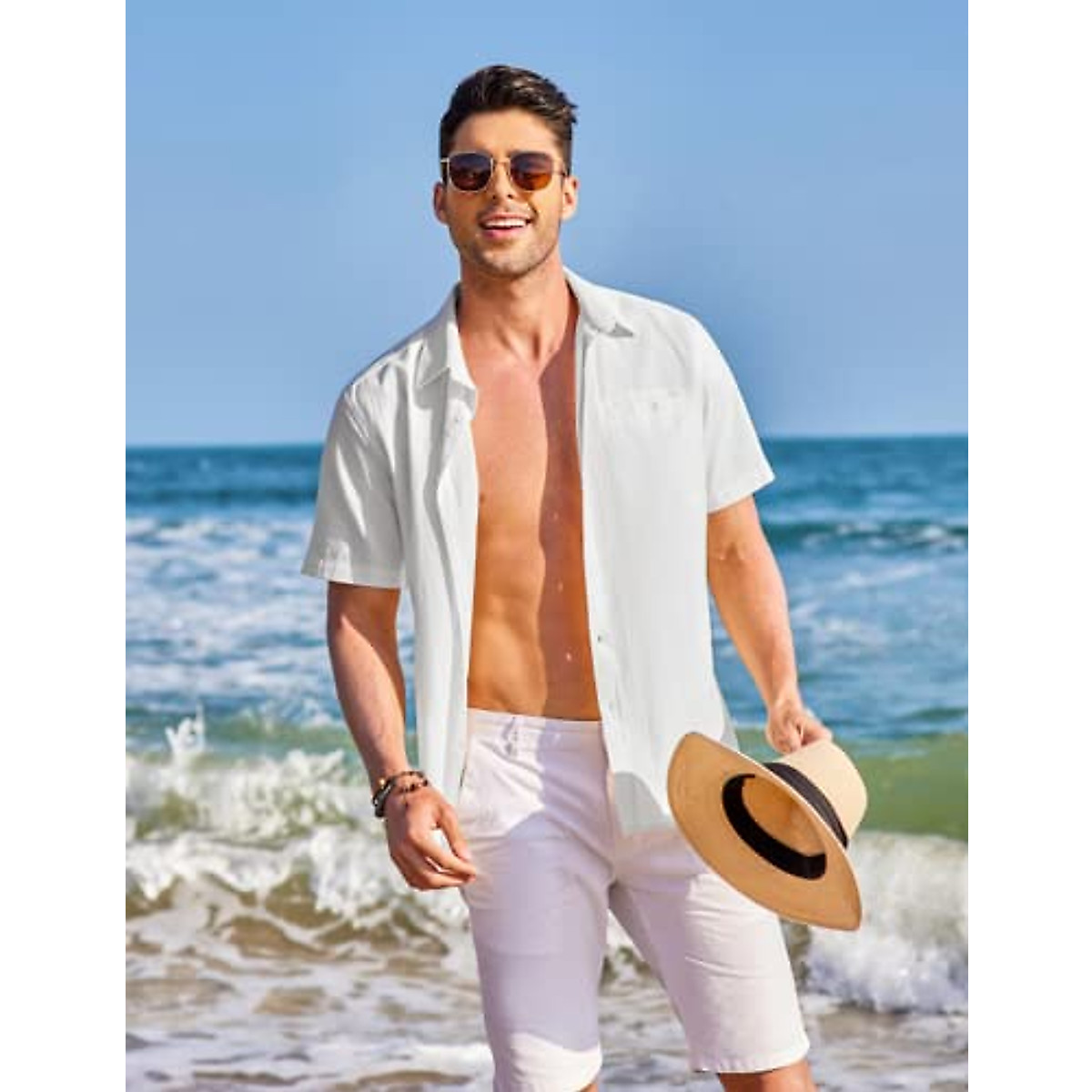 COOFANDY Men's Linen Shirt Lightweight Classic Fit Button Down Shirt Short Sleeve Beach Holiday Shirts with Pocket White