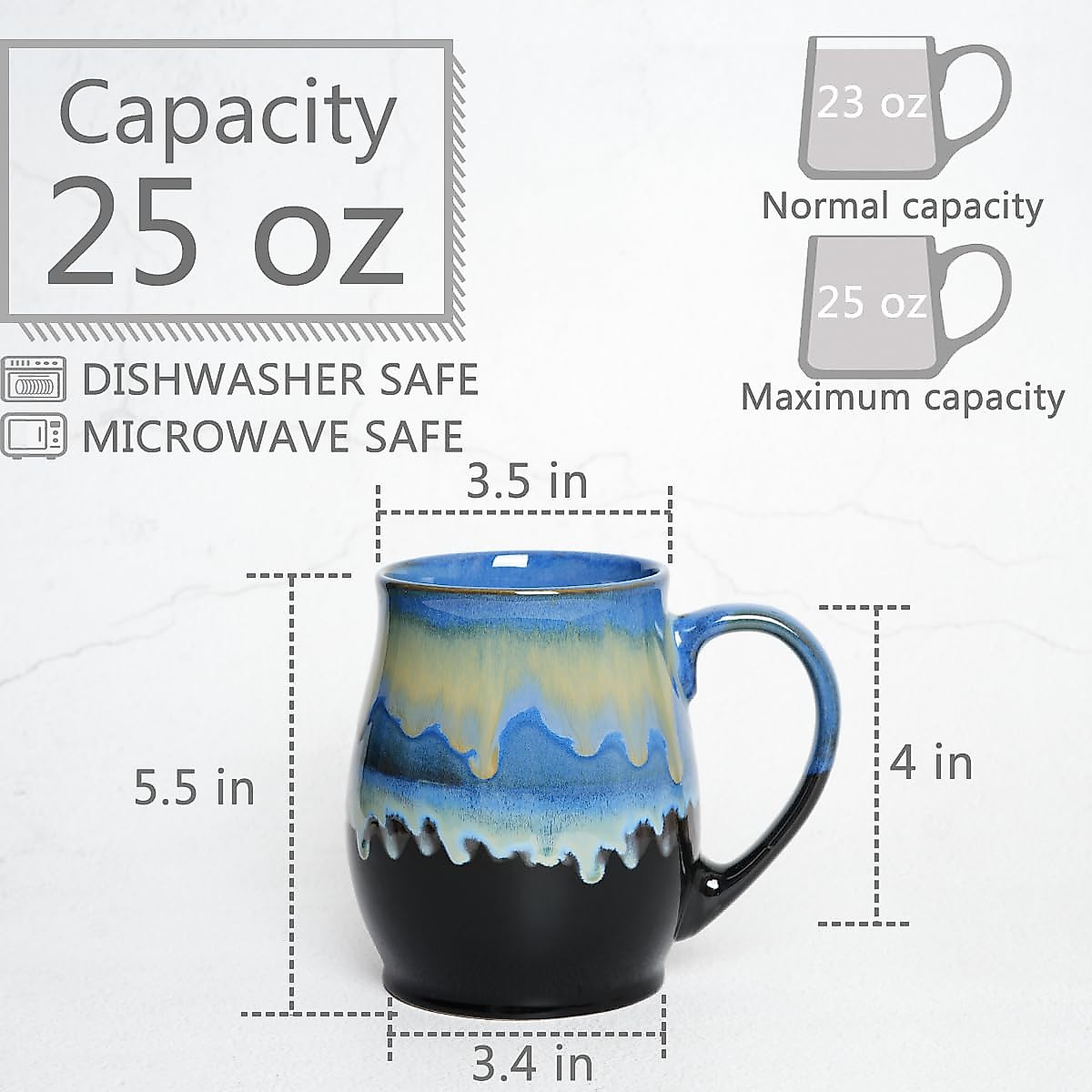 Bosmarlin Extra Large Ceramic Coffee Mug, 25 Oz, Dishwasher and Microwave Safe, Big Oversized Tea Cup, Reactive Glaze (Blue)