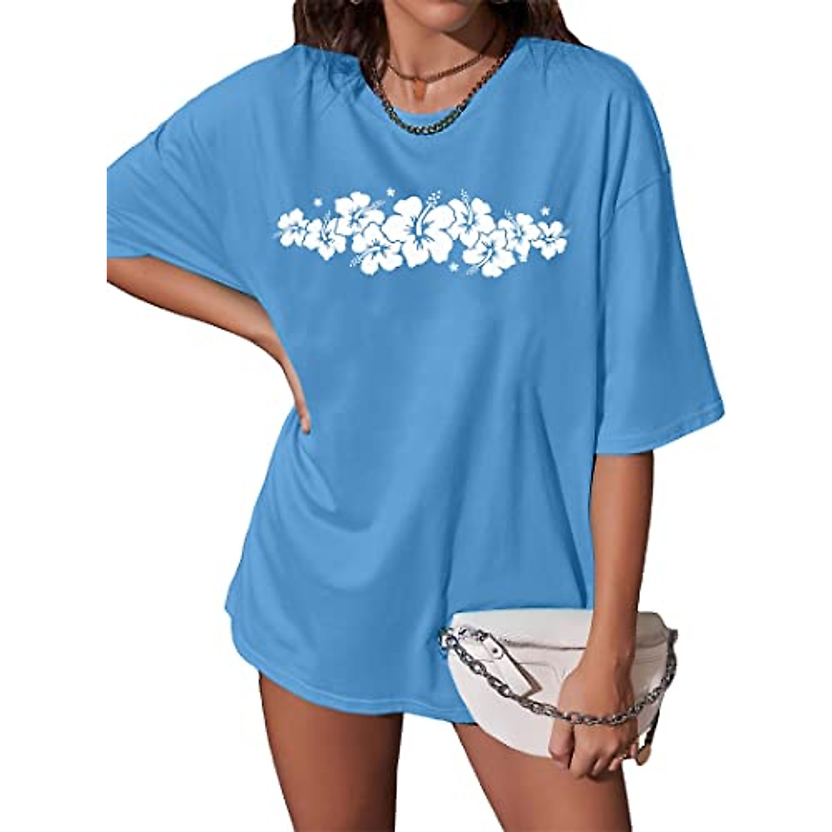 Hawaiian Flower Shirt Women Oversized Hawaii Tshirt Hibiscus Flower Tshirt Beach Shirt Summer Vacation Loose Tops