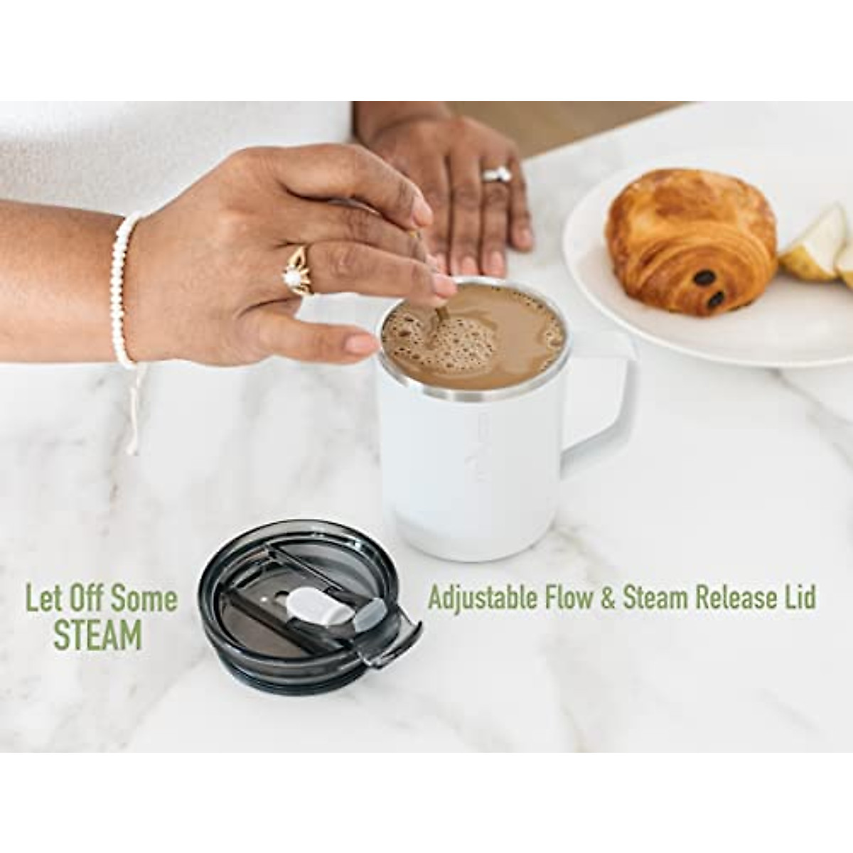 REDUCE Travel Coffee Mug, 18 oz - Insulated Mug for Hot Tea, Coffee and Other Hot Drinks - With Flo-Motion Lid and Handle - Single-Serve and Cupholder Friendly - Stone