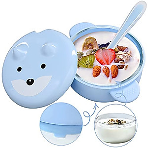 MAISON HUIS Baby Bowls with Suction for Toddlers, Silicone Bowls and Spoon Set for Babies Glass Bowl with Lid BPA Free Baby Led Weaning Supplies and Kids First Stage Feeding(Blue)