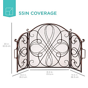 Best Choice Products 3-Panel 55x33in Solid Wrought Iron See-Through Metal Fireplace Screen, Spark Guard Safety Protector w/Decorative Scroll - Copper