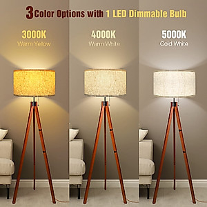 Isloys Wood Tripod Floor Lamp, 3 Color Temperatures Mid Century Modern Boho Floor Lamp, Tall Standing Lamps for Living Room Bedroom Office, Flaxen Lamp Shade with E26 Lamp Base