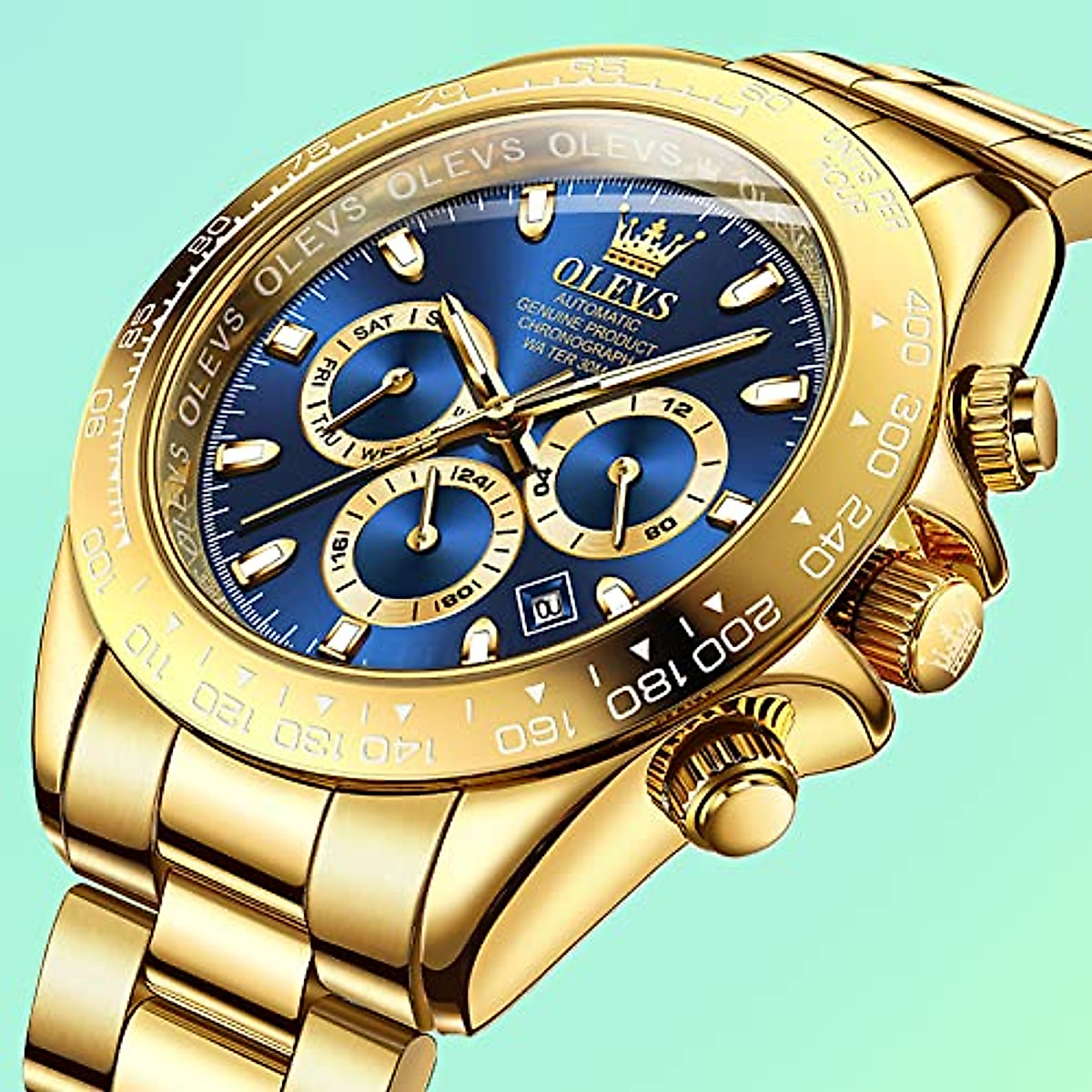 OLEVS Men's Gold Automatic Mechanical Self Winding Waterproof Luminous Calendar Multifunctional Stainless Steel Casual Business Luxury Dress Watch