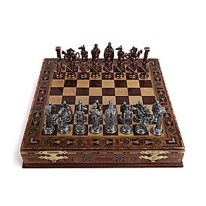 GiftHome Medieval British Army Antique Copper Metal Chess Set for Adults,Handmade Pieces and Natural Solid Wooden Chess Board with Storage Inside King 3.35inc