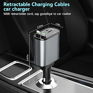 Retractable Car Charger, 4 in1 Fast Car Phone Charger 120W, 2.7Ft Retractable Cables and 4 Electronic Ports, Car Charger Compatible for iOS & Android Cell Phones All Device Charging